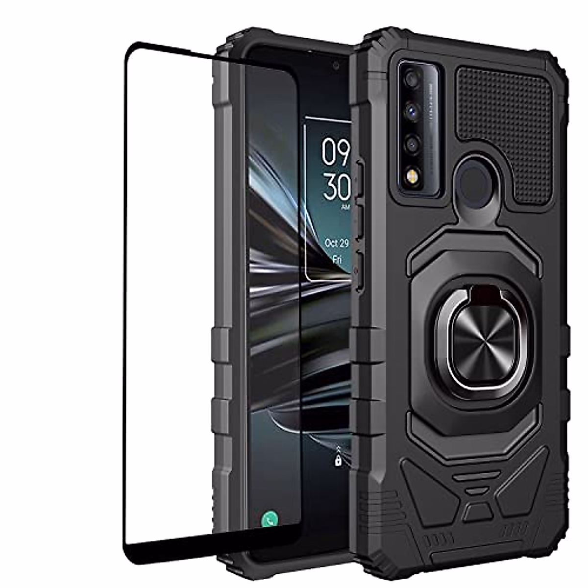 SpyCase Case for Alcatel TCL 20 XE with Tempered Glass Screen Protector [Magnetic Car Mount Ring Kickstand Holder] Full-Body Protective Cover [Military Grade] Case - Black