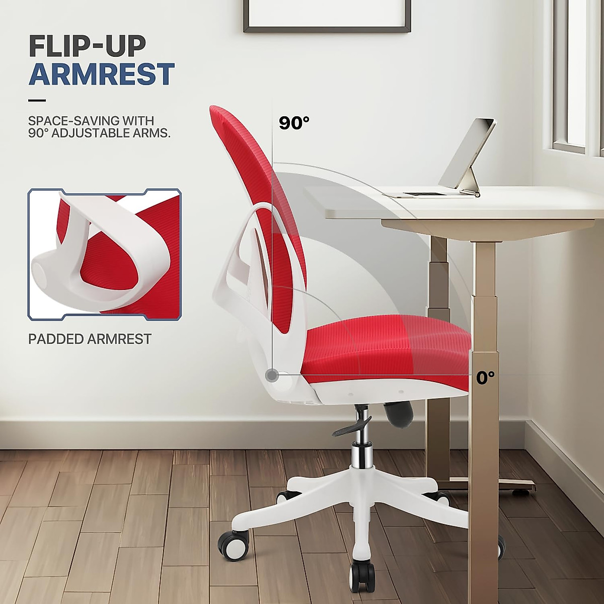 MoNiBloom Ergonomic Mesh Office Chair with Lumbar Support and Flip-up Arms, Home Office Height Adjustable Swivel Task Chair with Soft Seat and Ergonomic Backrest for Pain Back, 250 BLS, Red
