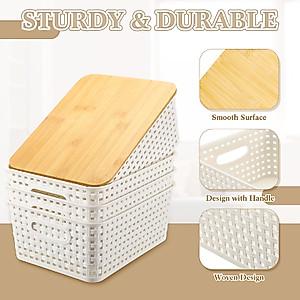 Barydat 4 Pack Plastic Storage Baskets with Bamboo Lid Pantry Organization Storage Containers Lidded Storage Bins Container for Shelves Drawers Desktop Closet Playroom Classroom Office (White)