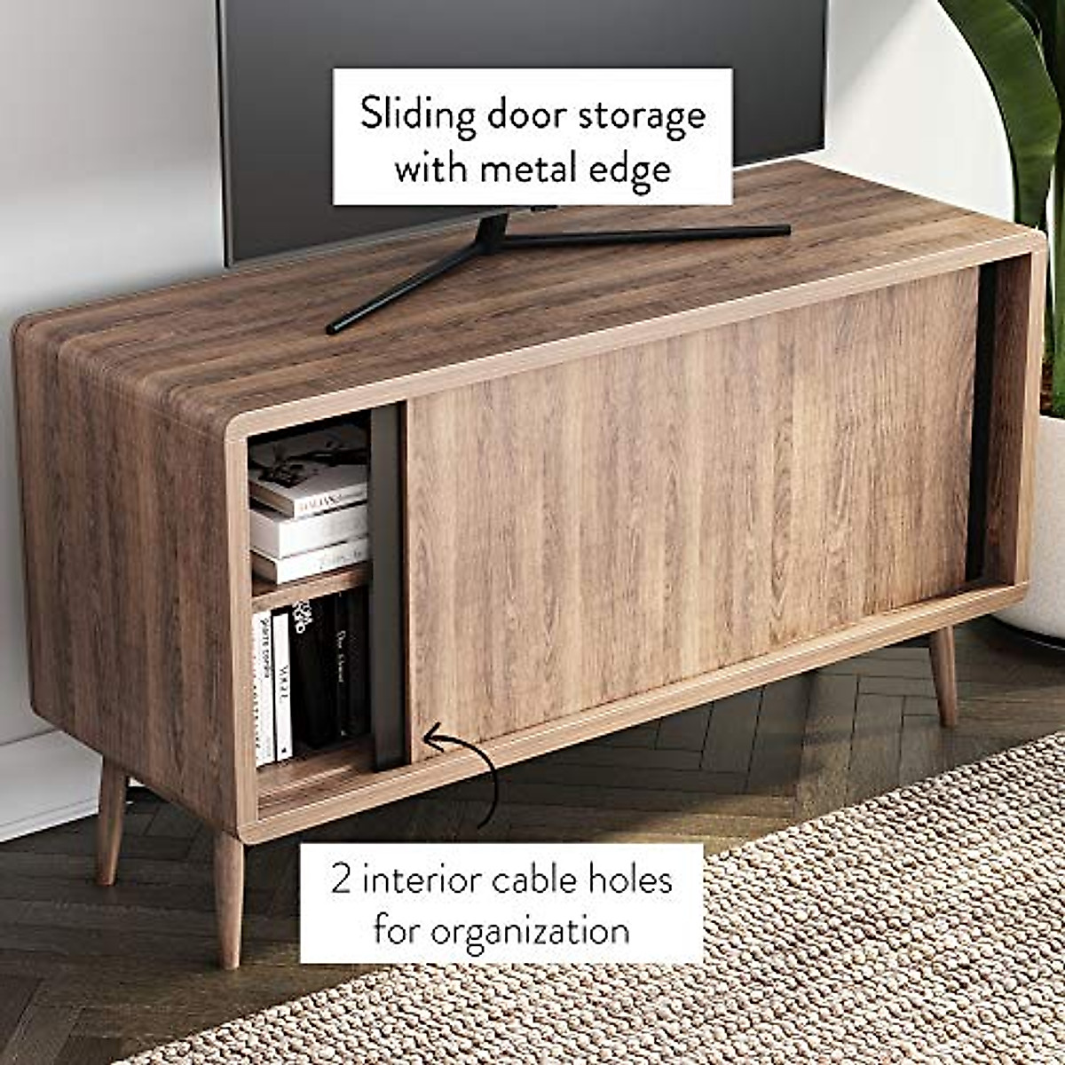 Nathan James Liam Modern Mid-Century TV Stand, Media Console or Entertainment Cabinet with Sliding Doors, Oak