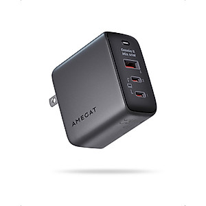 AMEGAT USB C Charger 65W, 3-Port GaN III Fast Charger Block PPS PD 3.0, Compact Foldable Wall Charger for MacBook Pro/Air, Dell XPS 13, iPhone 15/Pro, iPad Pro, Galaxy S23, Steam Deck, and More