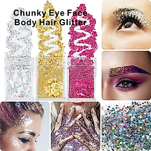 6 Sheets Face Jewels Gems Self-adhesive Rhinestone, 30g Chunky Body Eye Hair Glitter, Rave Festival Outfits Clothes Iridescent Crystals Stickers Rainbow Body Makeup Tattoo Kit(3 luminous)