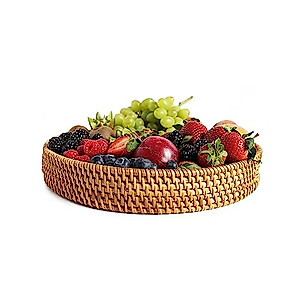 Round Rattan Serving Tray Decorative Woven Ottoman Trays for Coffee Table Natural Round Woven Tray, 14 Inch