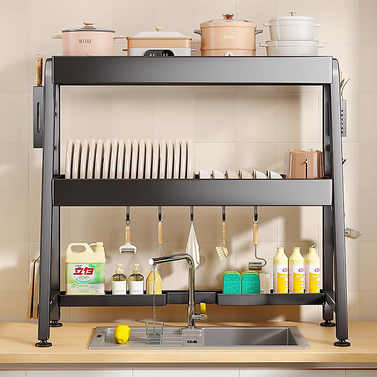 LONONE Black Stainless Steel Dish Drying Rack Over Sink Dish Drainer Drying Rack Kitchen Aid Dish Drying Rack with Drainboard,65cm/25.59in