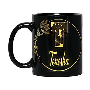 Coffee Mug Personalized Tenesha Name & Initial Letter Monogram Floral Alphabet Mug Golden Flowers Custom Black Coffee Cup, Gift for Her Mom Coworker Sister, Wife, Girl 11oz Black Mug 160073
