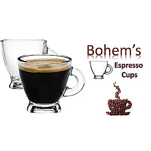 BOHEM'S Espresso Cups, 3.2 oz Small Demitasse Clear Glass Espresso Drinkware, Set of 2, Espresso Shot Glasses, Clear Expresso Coffee Cups, Tazas de Cafe Expreso