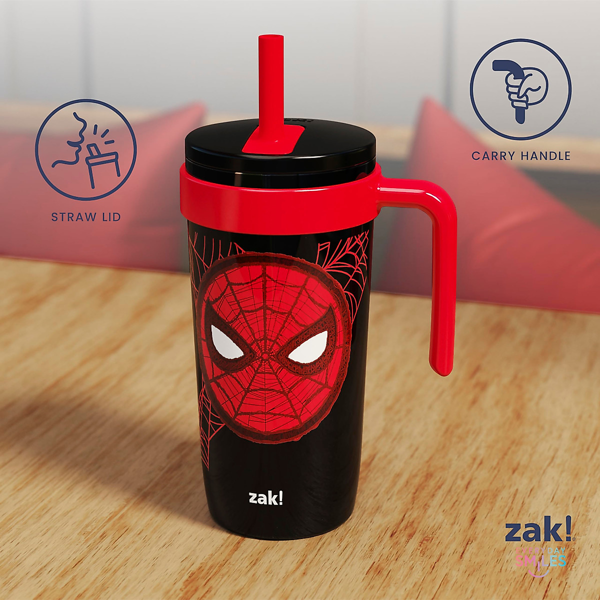 Zak Designs Marvel Fairway Travel Tumbler for On the Go or At Home, 18oz Stainless Steel with Vacuum Insulation, Spillproof Silicone Straw, and Carry Handle for Cold Drinks (Spider-Man)