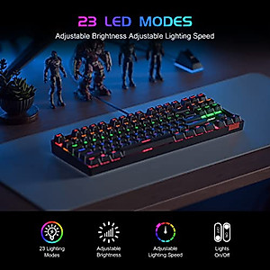 Punkston TK87 Mechanical Gaming Keyboard, RGB Rainbow LED Backlit TKL 87 Keys Anti-Ghosting PC Gaming Wired Keyboard for Windows/Mac (Blue Switch, Black)