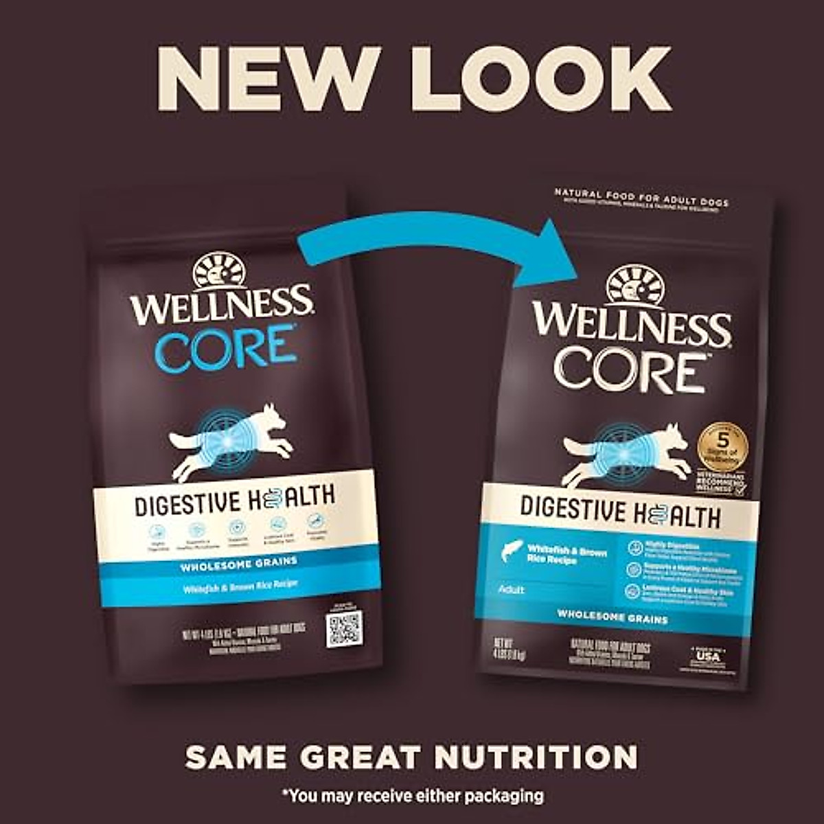 Wellness CORE Digestive Health Dry Dog Food with Wholesome Grains, Highly Digestible, for Dogs with Sensitive Stomachs, Made in USA with Real Protein (Whitefish & Brown Rice, 4-Pound Bag)