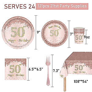 121Pcs 50th Birthday Party Supplies Plates Napkins Cups Forks Tablecloth Rose Gold Happy 50th Birthday Themed Disposable Tableware Decorations Serves 24 Guests for Women 50 Years (50th rose gold)