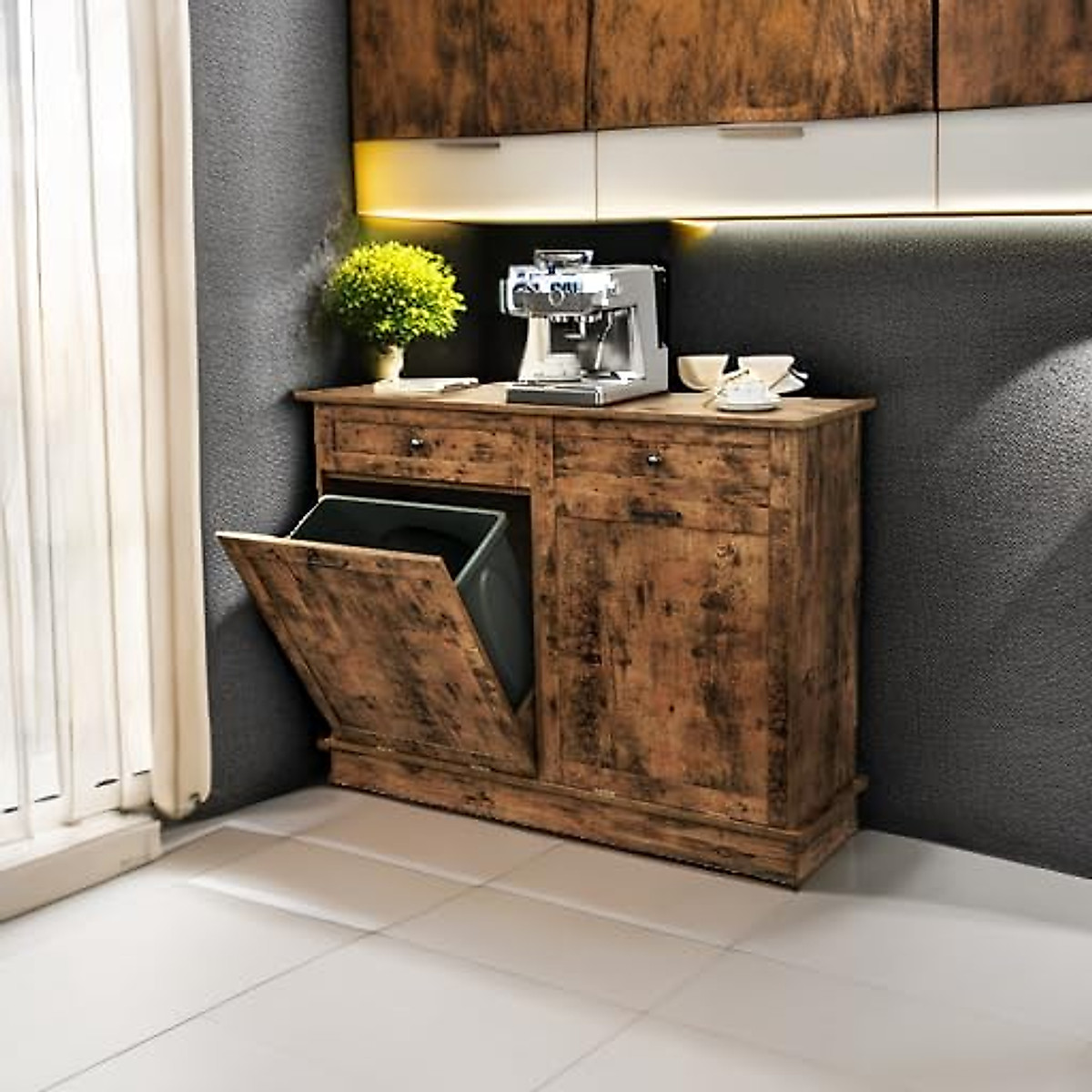 TC-HOMENY Tilt Out Trash Cabinet with Drawer, Free Standing Trash Can Cabinets, Manual and Auto Mode Shutdown Cabinet Door, Recycling Can Cabinet Home, Kitchen, Living Room