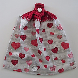 Valentine's Day Red & Pink Hearts Hanging Kitchen Towel - Red Crochet Top - Double Thickness Best Quality