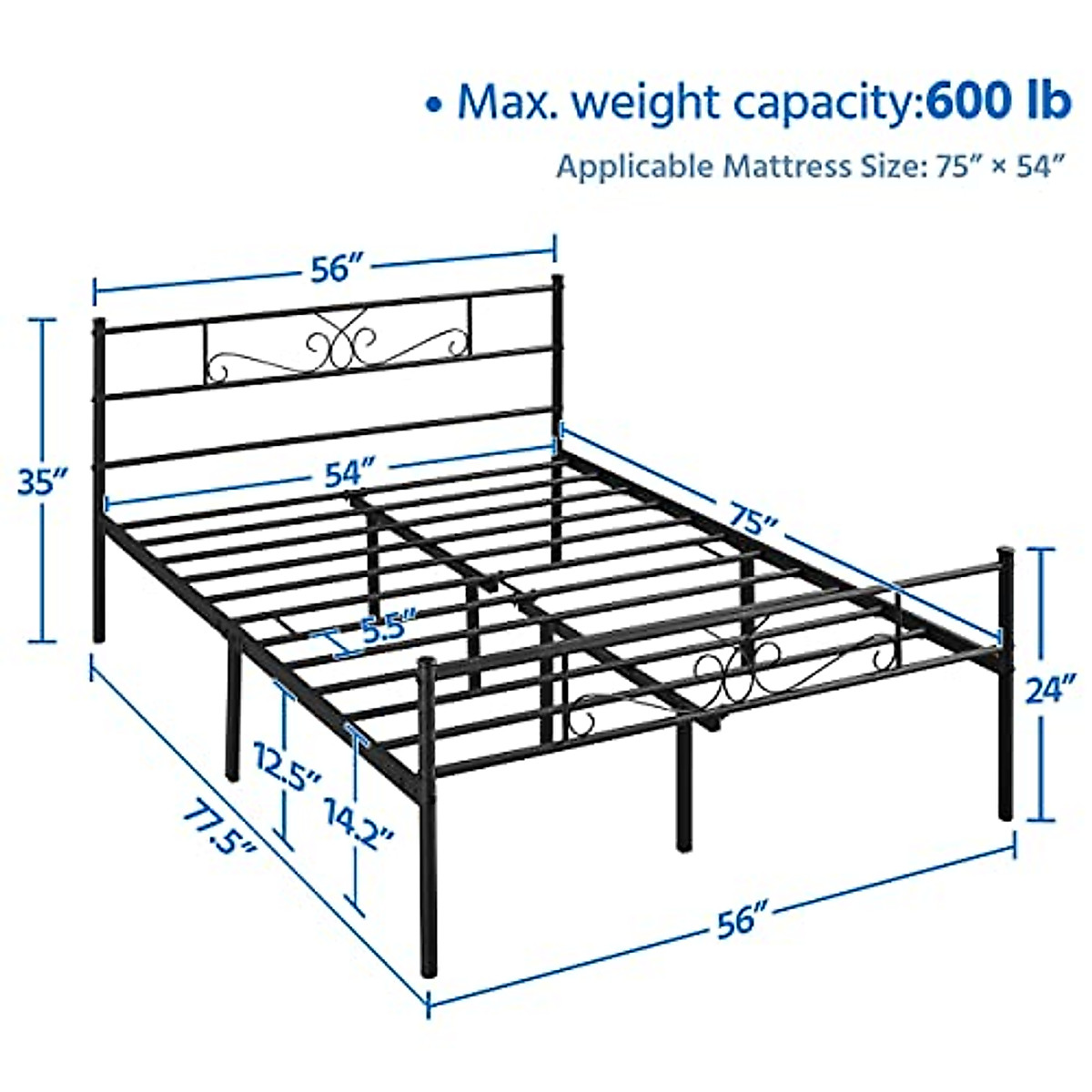 Yaheetech 13 inch Full Classic Bed Metal Mattress Foundation Platform with Headboard and Footboard/No Box Spring Needed/Under Bed Storage/Strong Slat Support Black