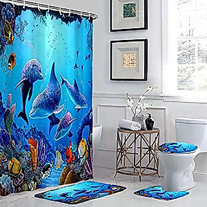 TDCQQGQQ Tropical Ocean Shower Curtain Sets, Sharks and Dolphins Waterproof Windproof Washable Shower Curtain and Rug Set for Bathroom, Toilet Lid Cover and Bath Mat with 12 Hooks.