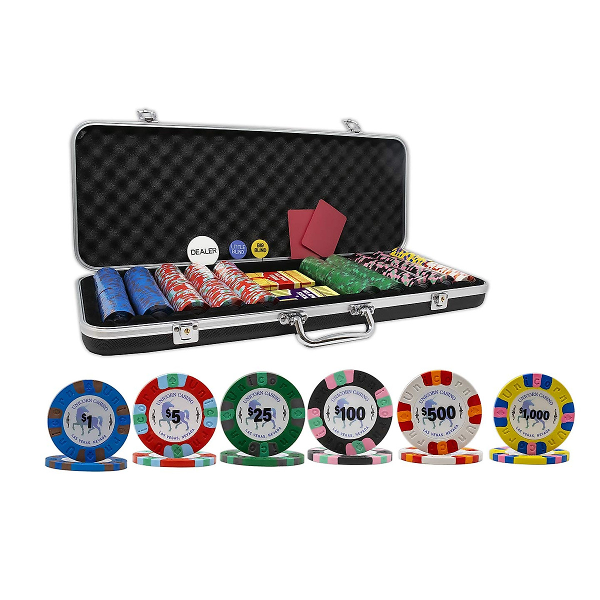 DA VINCI Unicorn All Clay Poker Chip Set with 500 Authentic Casino Weighted 9 gram Chips, Black ABS Case, 2 Decks of Plastic Playing Cards, Dealer Buttons and 2 Cut Cards
