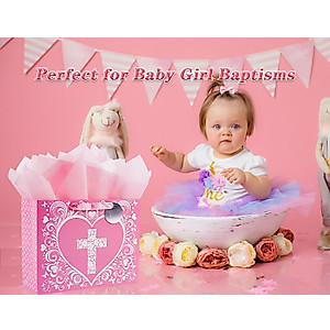 JWSCYSY 12.6" Large Pink Gift Bag with Metallic Silver Floral Cross Design, Card and Tissue Paper for Baby Girl Baptisms, Christenings, First Communions Religious