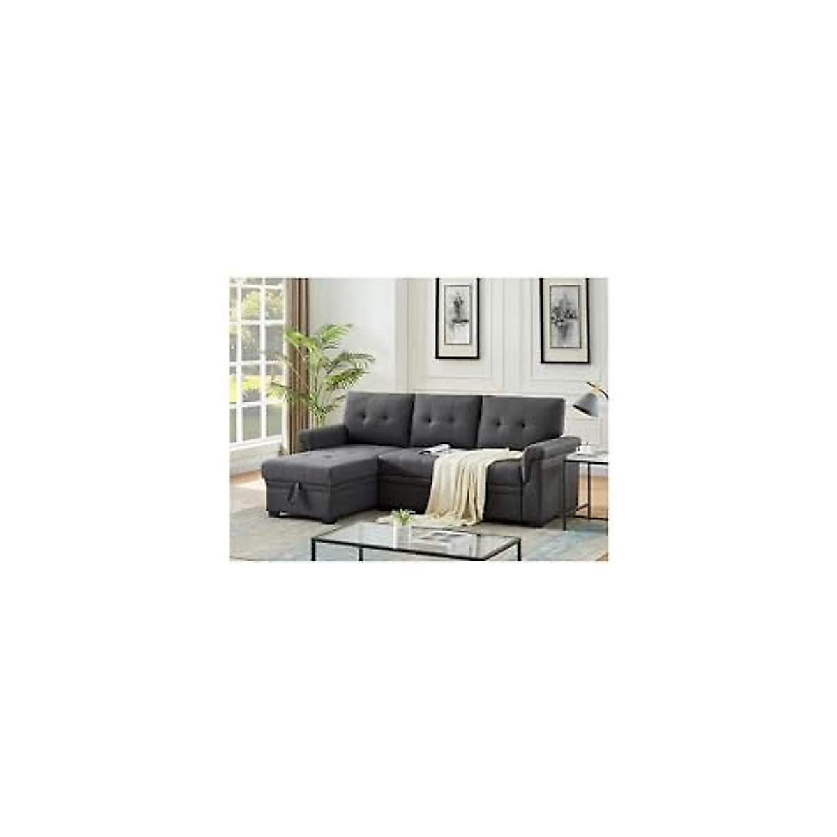 Maykoosh Lakeside Living Linen Cotton Upholstery Fabric Reversible 3 Seating Sectional Sleeper Sofa Chaise with Storage - 86" D x 54" W x 35" H Steel Gray