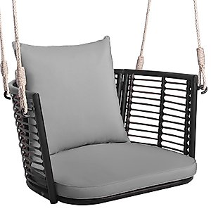 Tangkula Outdoor Metal Porch Swing, Single Person Hanging Seat w/Woven Rattan Backrest, 2 Sturdy Hanging Ropes, Seat & Back Cushions Included, Heavy-Duty Swing Chair for Front Porch, Backyard (Grey)