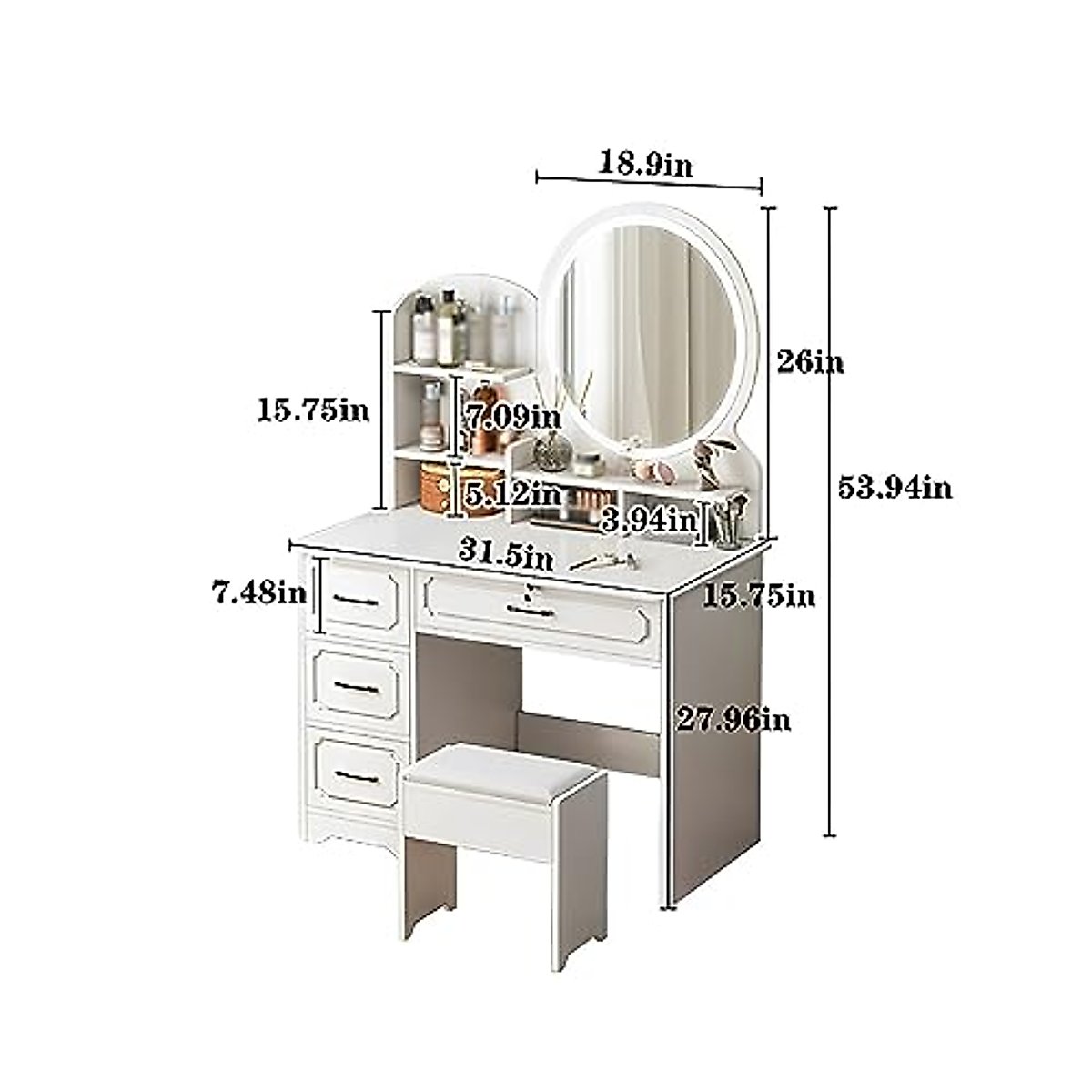 Vanity Set with Lights and Stool Makeup Vanity Desk with Mirror Dressing Table with Four Drawers Raise the Fence to Prevent Falling Exquisite Handle Smooth Pulling Three Level Brightness Adjustment (