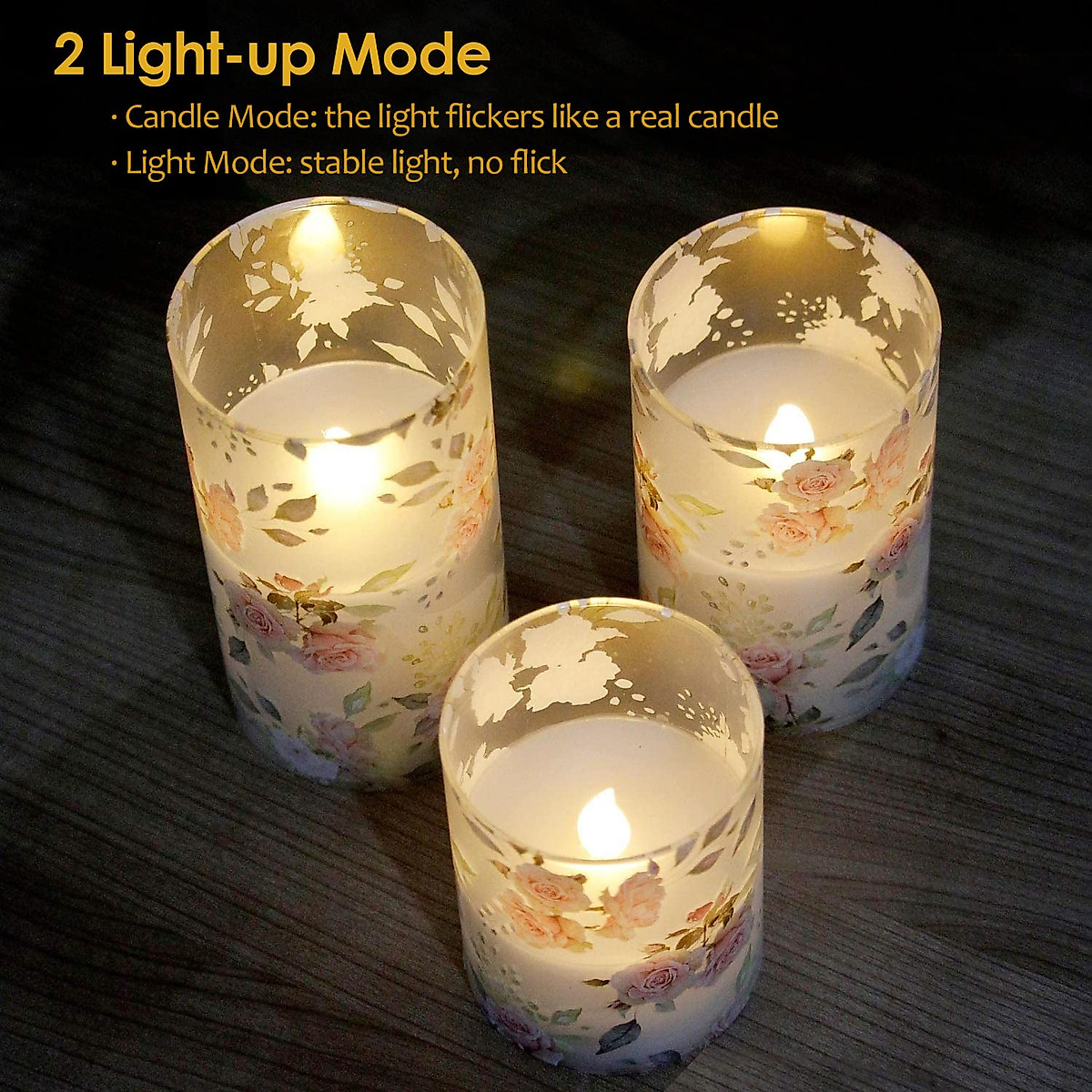 GORGE MOMENT Rose Flameless Candles Love Theme Battery Operated Glass Flickering LED Candle with Remote Pink Flower Decal Realistic Pillar Candles Bedroom Home Decor Table Ornament