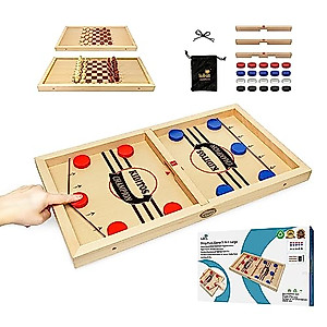 Kiditos 3-in-1 Large Fast Sling Puck Game Checkers Chess Set, 22.83” x 12.60” Popular Wooden Board Game Super Fun Slingshot Toy and Perfect Hockey Toy Gift for Kids, Adults, Friends and Colleagues