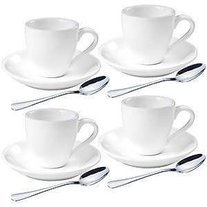 homEdge Porcelain Espresso Cup Set with Saucers and Spoons - 80 ml / 2.67 oz, Set of 4, White