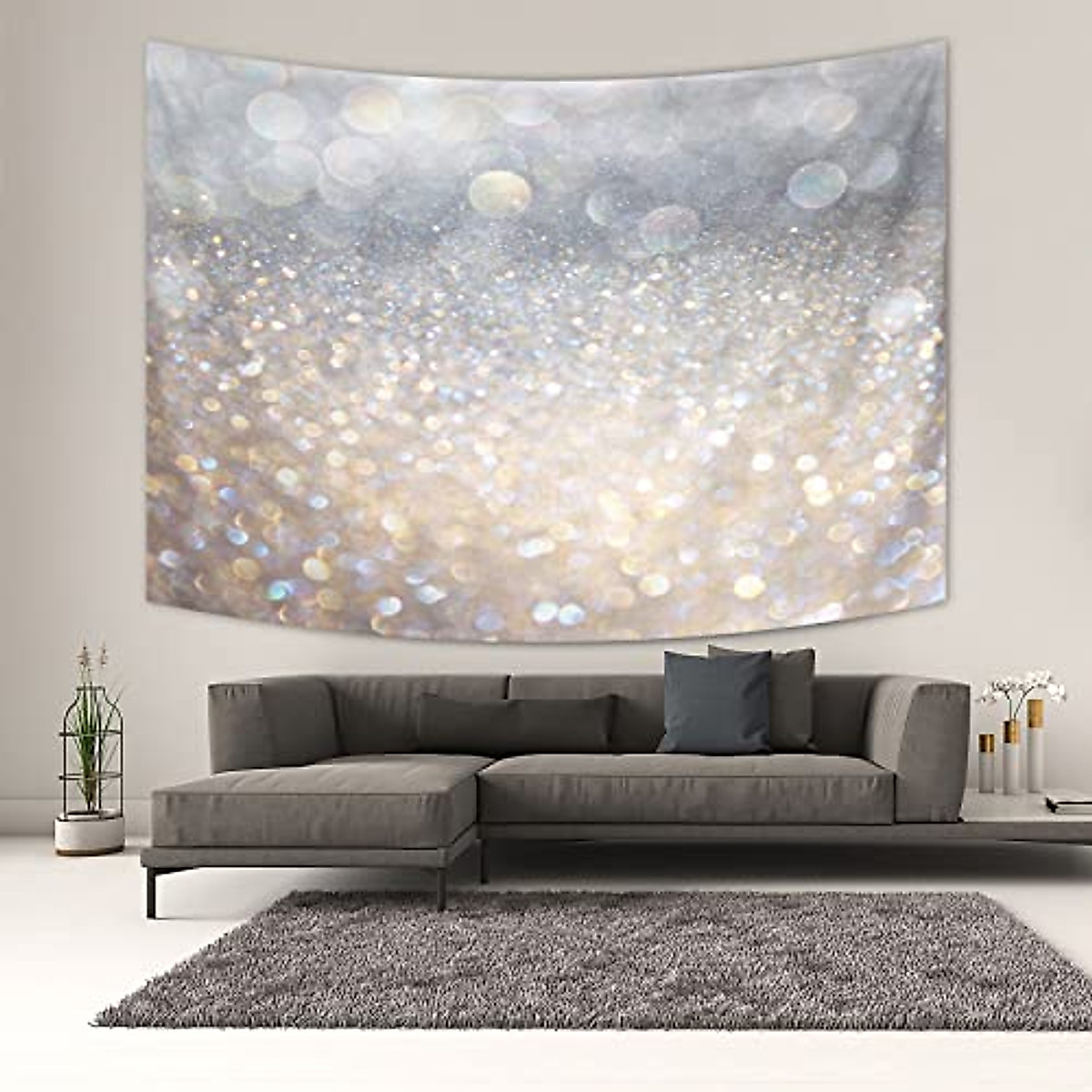 Axayaz Silver Glitter Wall Tapestry 80x60 Inch Diamond Sparkle Shine Stars Glamour Backdrop Hanging Polyester Home Decor for Bedroom Living Room Dorm