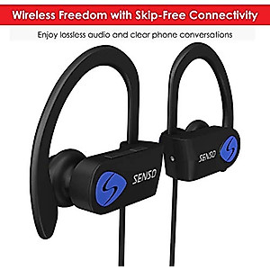 Senso Bluetooth Headphones, Best Wireless Sports Earphones w/Mic IPX7 Waterproof HD Stereo Sweatproof Earbuds for Gym Running Workout 8 Hour Battery Noise Cancelling Headsets (Black Blue)