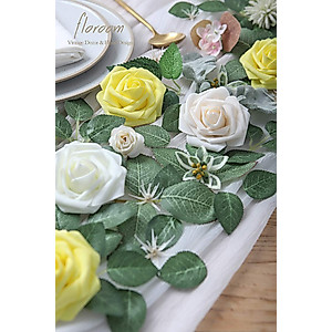 Floroom Artificial Flowers 50pcs Real Looking Cream Foam Fake Roses with Stems for DIY Wedding Bouquets Bridal Shower Centerpieces Floral Arrangements Party Tables Home Decorations