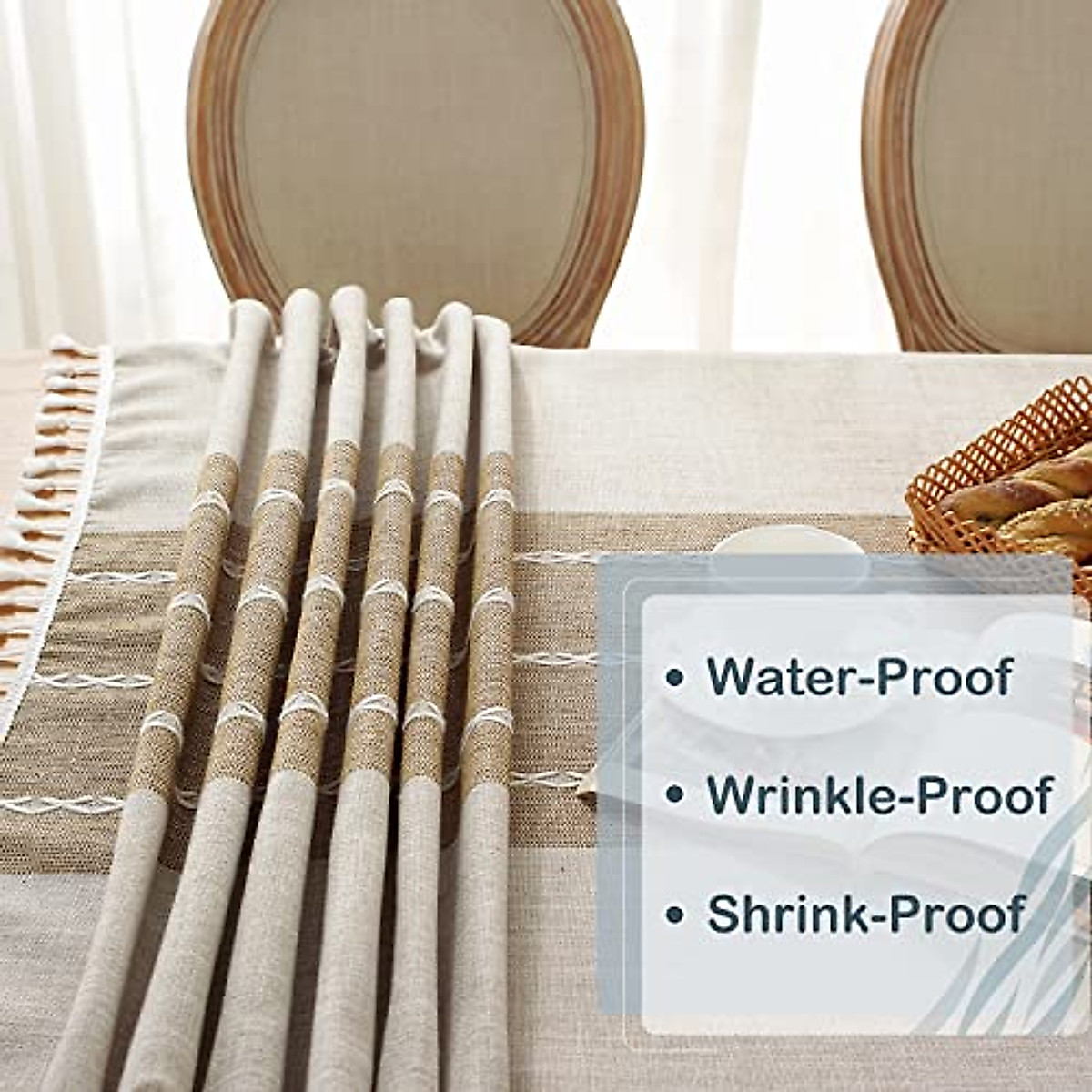 Laolitou Rustic Cotton Linen Table Cloth,Tablecloths for 6 Foot Rectangle Tables,Waterproof Washable Tablecloth with Tassel Rectangle/Oblong, 55''x 86'', 6-8 Seats
