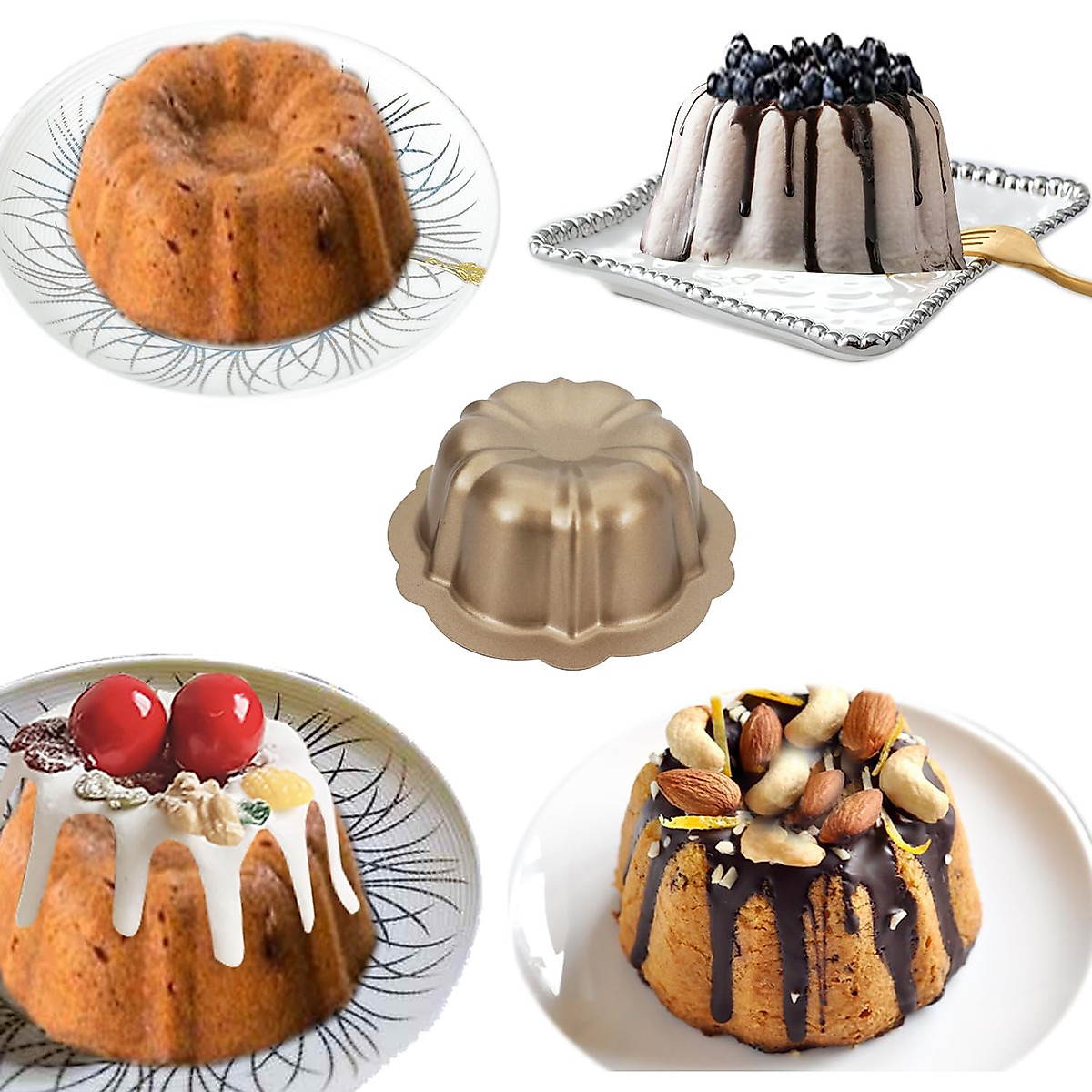 Proshopping 10 Pieces Mini Bundt Cake Pan, Nonstick 4 Inch Small Carbon Steel Fluted Bundt Cake Pan for Baking, Metal Baking Mold for Cupcakes, Donuts, Brownies - Pumpkin Shaped, Gold