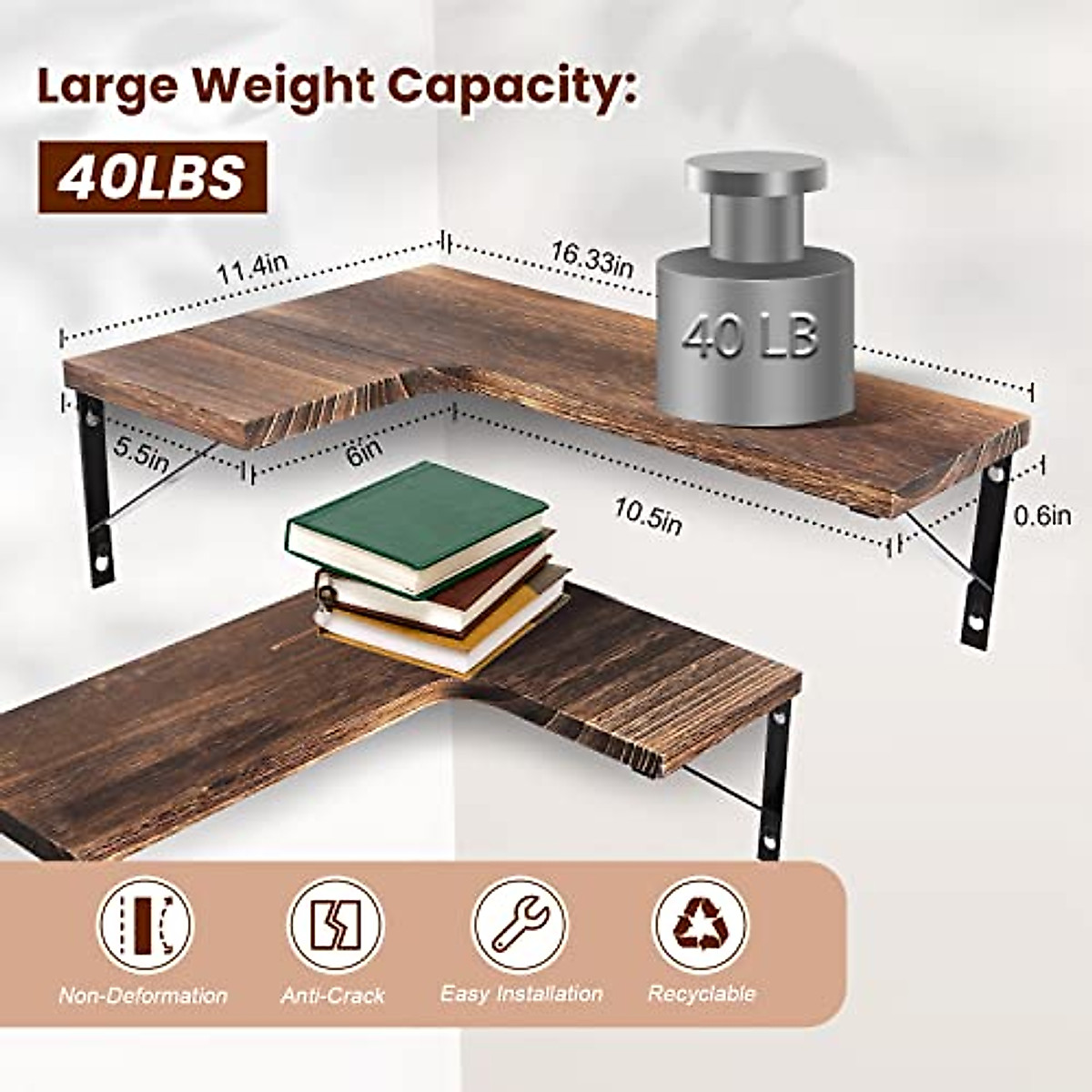 luium Corner Shelf Wall Mounted Set of 4, Rustic Natural Wood Display Storage Wall Shelves Bathroom, Bedroom, Kitchen, Living Room, Farmhouse, Floating Shelves for Wall Storage & Decor & Display