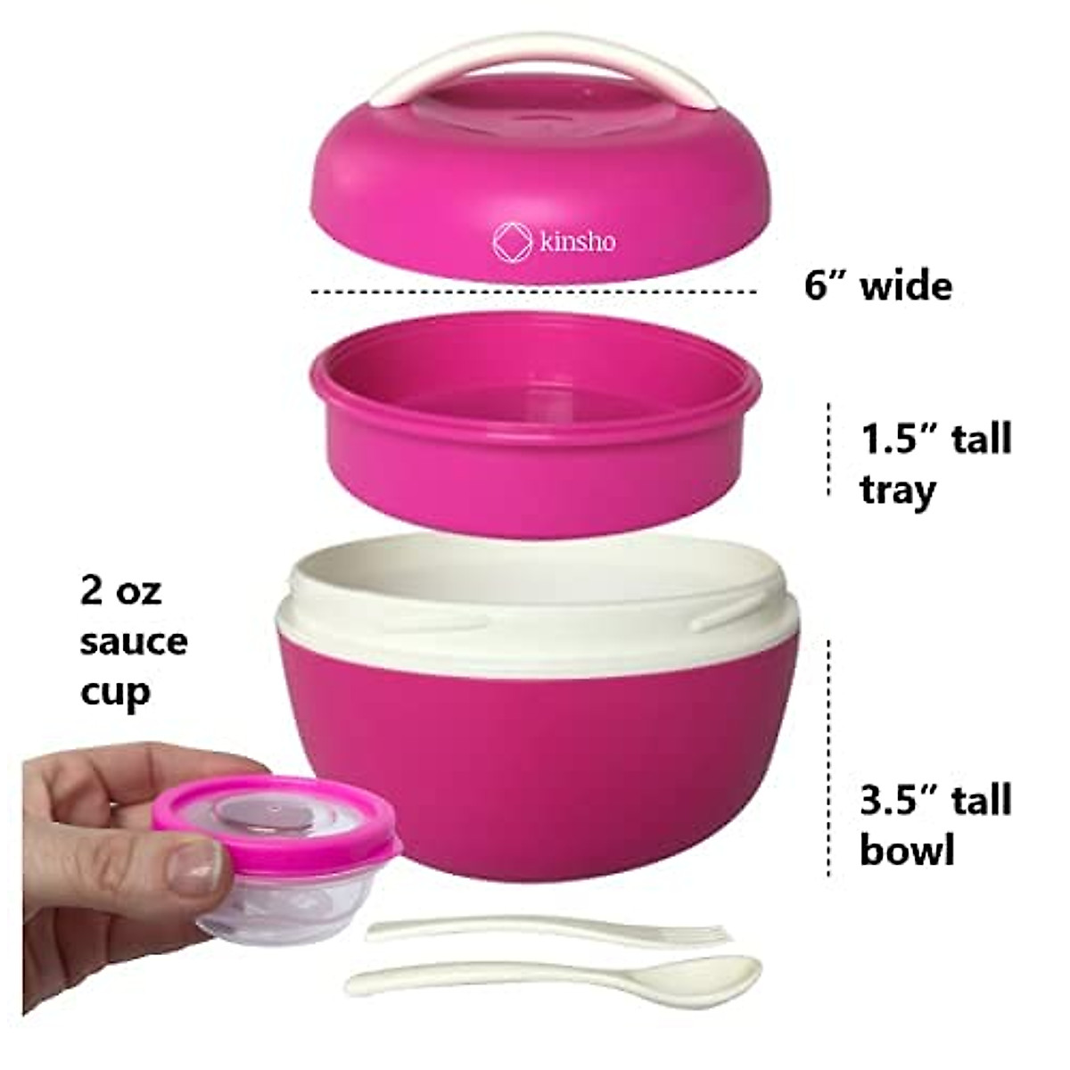 kinsho Bento Salad Container, Lunch Bowl for Salads | Bento Lunch-Box Containers with Lid for Adults | Meal Prep Kit for Lunches To Go | Leakproof Dressing Cup | BPA-Free Grey