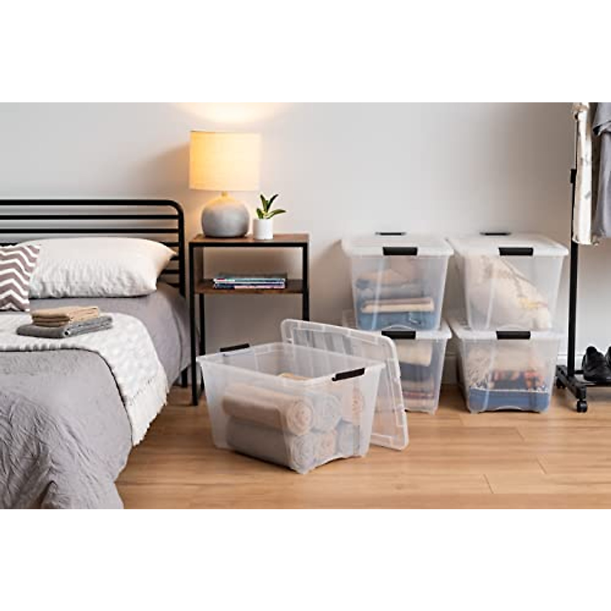 IRIS USA 53 Qt. Plastic Storage Container Bin with Secure Lid and Latching Buckles, 6 pack - Clear, Durable Stackable Nestable Organizing Tote Tub Box Sports General Organization Garage Large