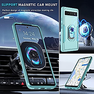 Google Pixel 6a 5G Case with Screen Protector + Camera Lens Protector,Heavy Duty Shockproof Full Body Protective Phone Cover,Built in Rotatable Magnetic Ring Holder Kickstand,2022 Mint Green
