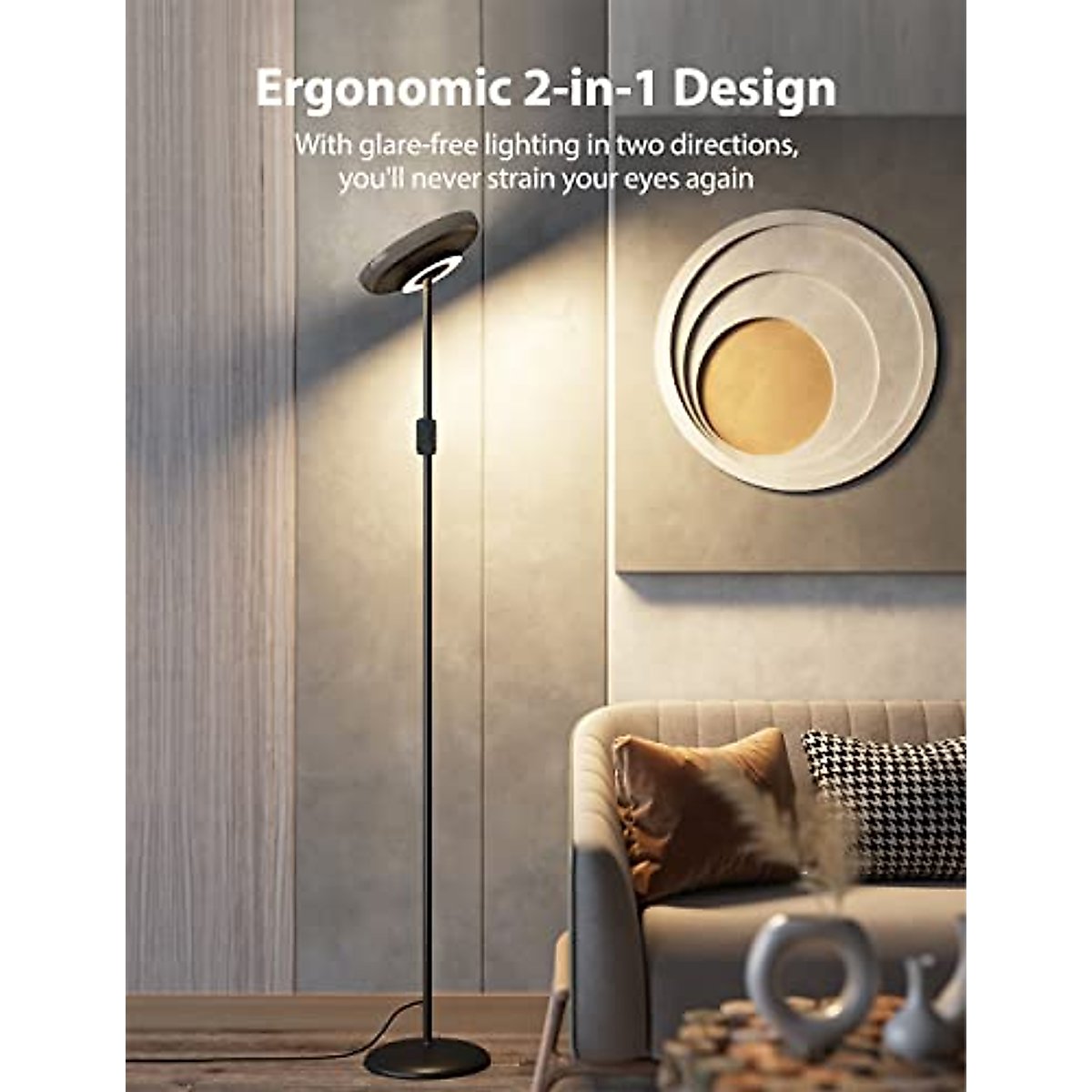 SYMPA LED Floor Lamp, Floor Lamps for Living Room, 30W Main Light and 15W Side Reading Lamp, 3000K-6000K Colors & Brightness Adjustable Standing Lamp with Touch Control Memory Function, 1H Timer