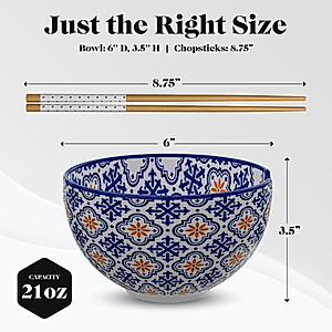 American Atelier Ramen Bowl with Chopsticks | Set of 2 | Soup Bowls for Kitchen | Udon Noodle Bowls with Chopsticks | Stoneware Soup Bowl | 6" Diameter (21 Oz) - Medallion Blue & Orange Design