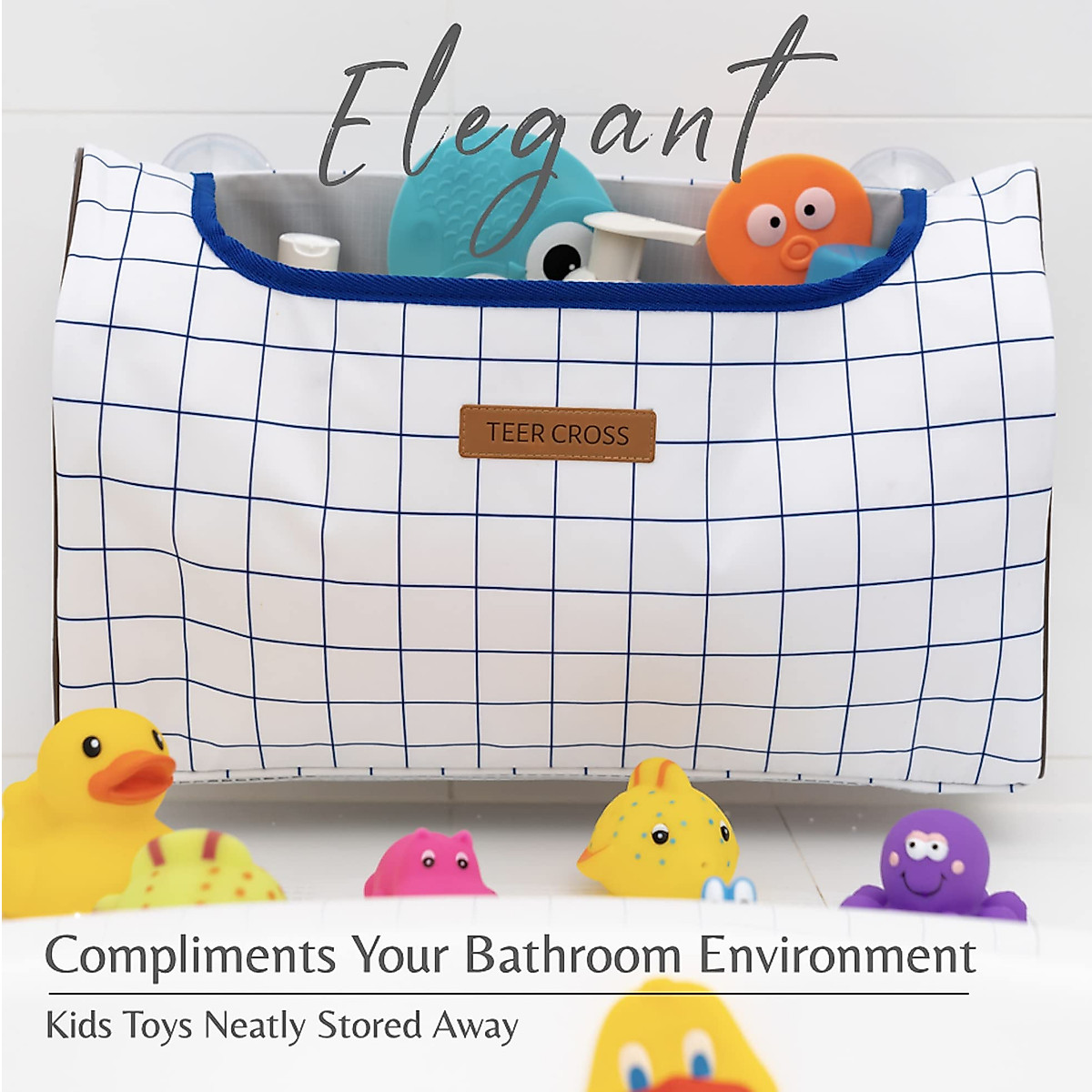 Large Bath Toy Storage with A Quick Dry Mesh Base. Sturdy Bath Toy Holder with 3 Strong Suction Cups. The Bath Toy Organizer Keeps Your Bathroom Tidy. Bathtub Toy Holder (Blue Check)