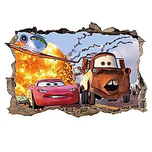 ufengke 3D Cars Wall Stickers Removalble Break Through The Wall Vinyl Murals for Children Bedroom Living Room