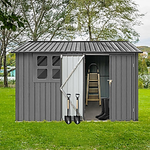 Morhome 8x6 FT Outdoor Storage Shed with Windows, Tool Garden Metal Sheds with Lockable Door, Outside Waterproof Galvanized Steel Storage House for Backyard Garden, Patio, Lawn