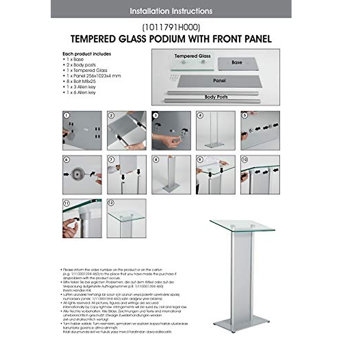 M&T Displays Tempered Clear Glass Podium with Aluminum Front Panel Black Aluminum Body and Base 43.9 Inch Height Floor Standing Lectern Pulpit Desk