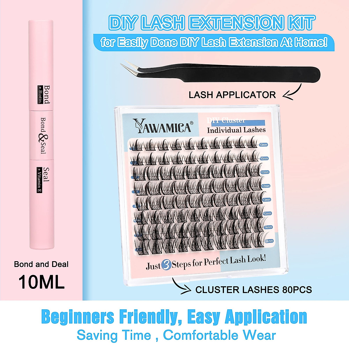 DIY Lash Extension Kit, Lash Cluster 80 Pcs with Strong Hold Lash Bond and Seal and Cluster Eyelashes Applicator Tool Eyelash Extensions Kit for Self Applicator at Home