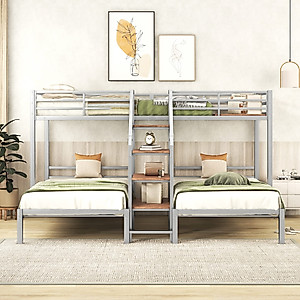 Harper & Bright Designs Metal Triple Bunk Bed with Storage Stairs, Twin Over Twin & Twin Bunk Bed for 3, Bunk Bed with Shelves for Kids Teens Adults, No Box Spring Needed,Silver