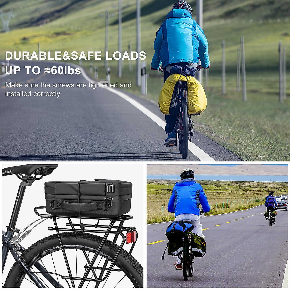 CXWXC Rear Bike Rack - Bike Cargo Rack for Disc Brake/Non-Disc Brake Mount - Bicycle Pannier Rack, Touring Carrier Rack fit 26”-29” and 700c