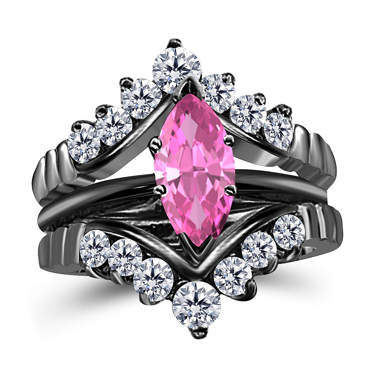 Gems and Jewels 0.75 Ct Marquise Solitaire Engagement Wedding Ring Band Set Enhancer Pink Sapphire 14k Black Gold Plated Alloy