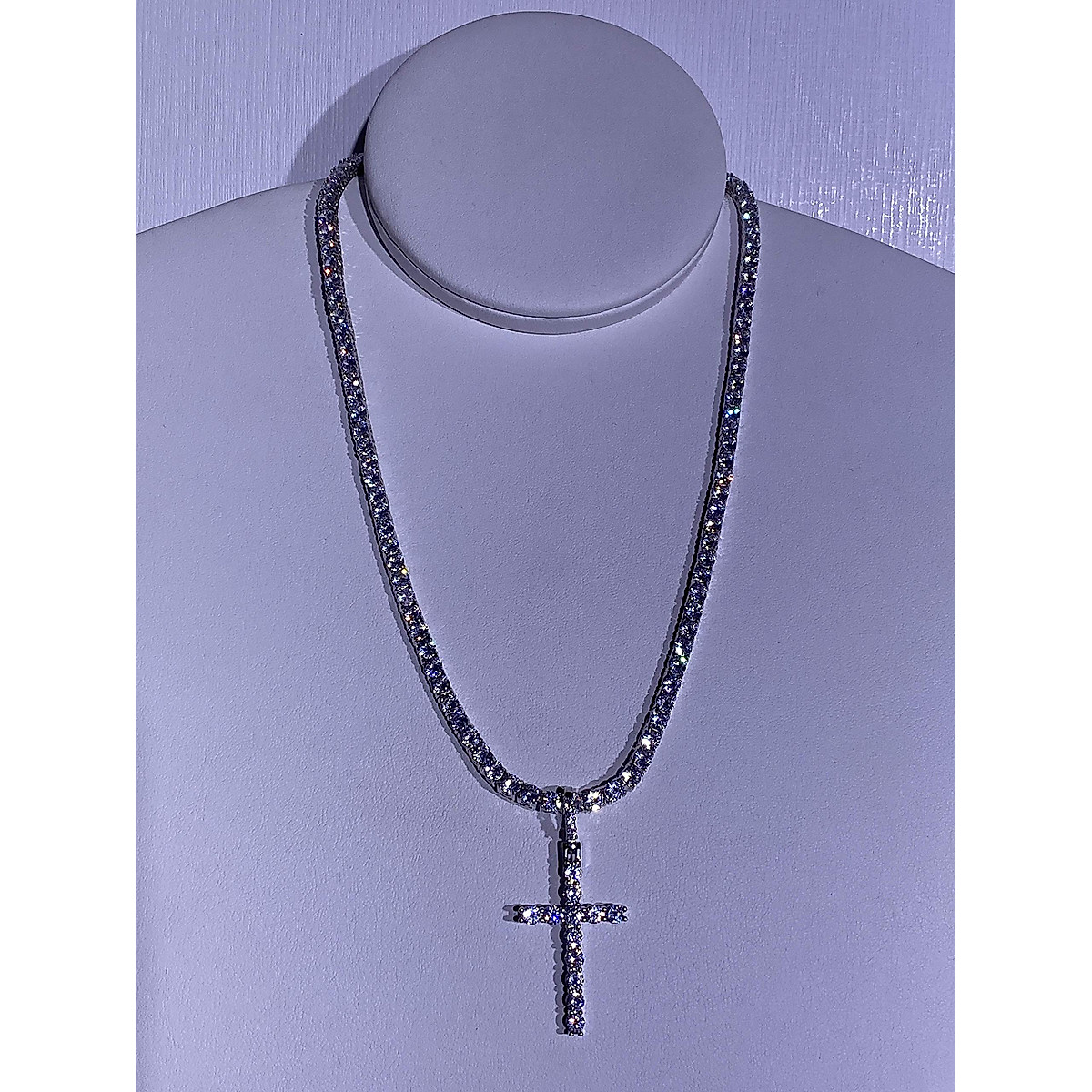 Mens 14k Rhodium Finish 4mm Tennis Link Chain Choker Iced Out Jesus Crucifix Cross Pendant Rappers Necklace Iced Prong Set Tennis Chain for Men, tennis ladies Chain Choker Jesus Necklace (18)