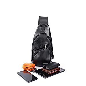 Large Vintage Men's Leather Sling Bag,Chest Shoulder Backpack, Water waterproof Crossbody Bag with USB Charging Port -Large Black