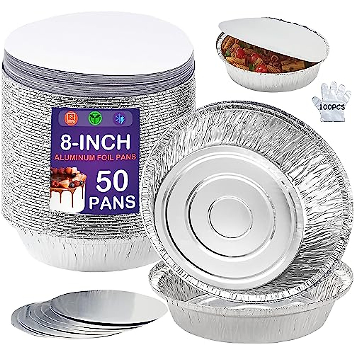 Forsone 50 Pack 8-Inch Round Aluminum Foil Pans With Lids Disposable Aluminum Tin Foil Cake Pans for Storage, Baking, Roasting, Meal Prep, Reheating, Freezer & Oven Safe