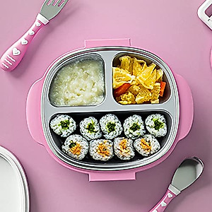 Stainless Steel Lunch Box for Toddlers Girls-Thermal Leakproof Bento Box 3-Compartment double-deck Ideal Portion Sizes for Ages 1 to 3, Pre-School Daycare Lunches and kids Snack Container（Pink）