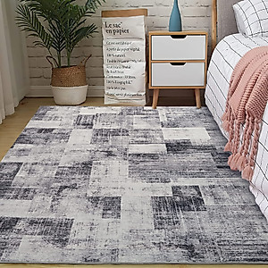 Area Rug Living Room Rugs 8x10 Washable: Indoor Soft Low Shaggy Fluffy Pile Carpet Abstract Decor Large for Bedroom Dining Room Under Kitchen Table Home Office - Gray/Ivory